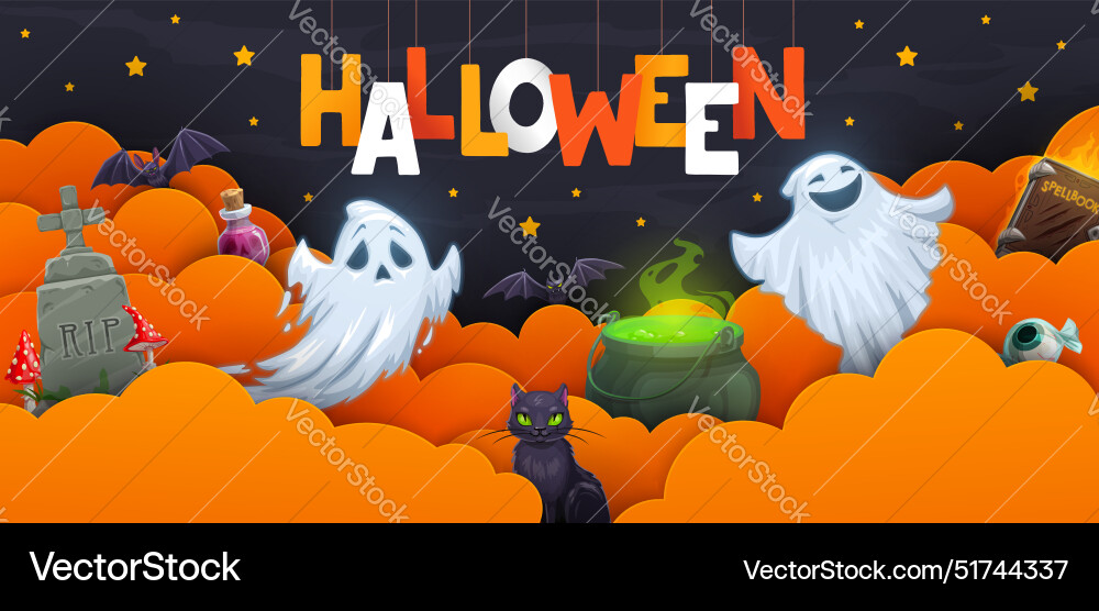 Halloween paper cut banner with clouds and ghosts Vector Image