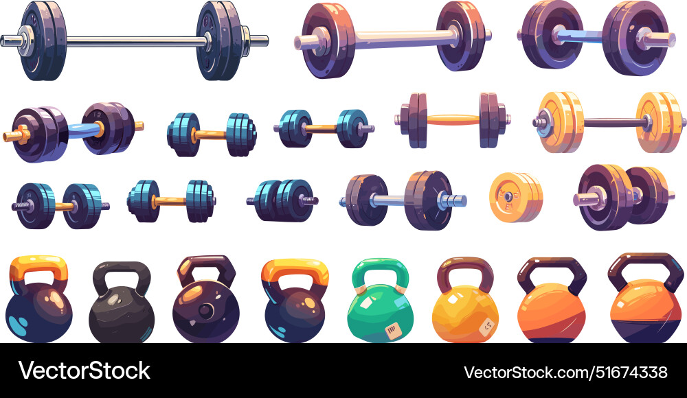 Cartoon dumbbells kettlebells set heavy barbell Vector Image