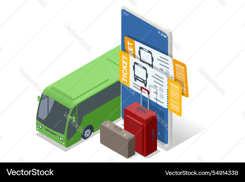Green bus tickets and luggage isometric Royalty Free Vector