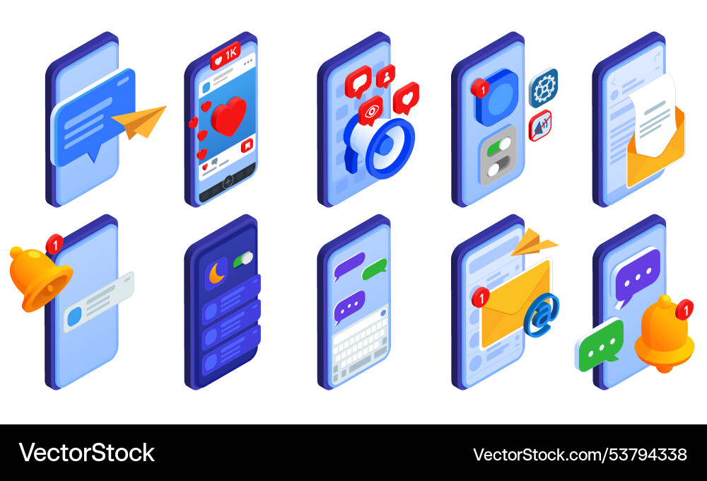Isometric smartphones with social media Royalty Free Vector