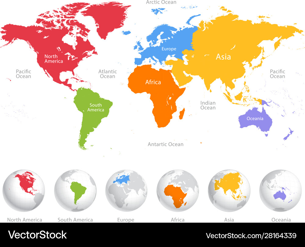 World map divided into six continents each Vector Image