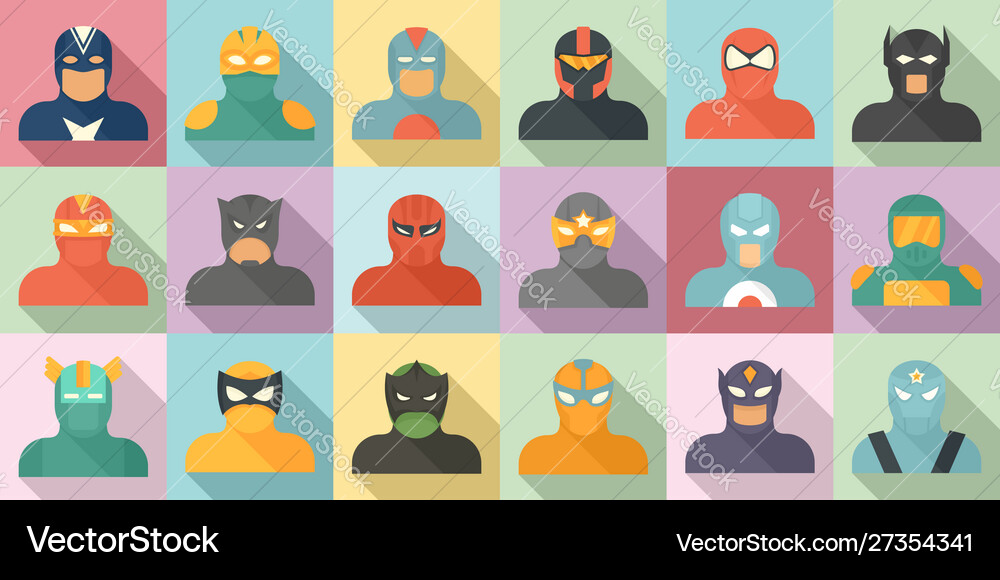 Superhero icons set flat style Royalty Free Vector Image