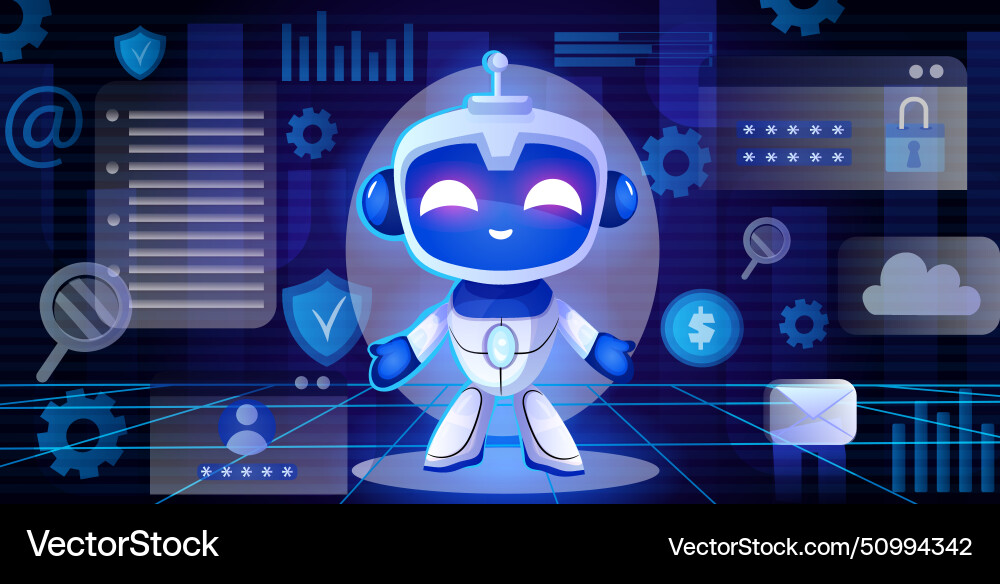 A smiling cartoon robot in digital environment Vector Image