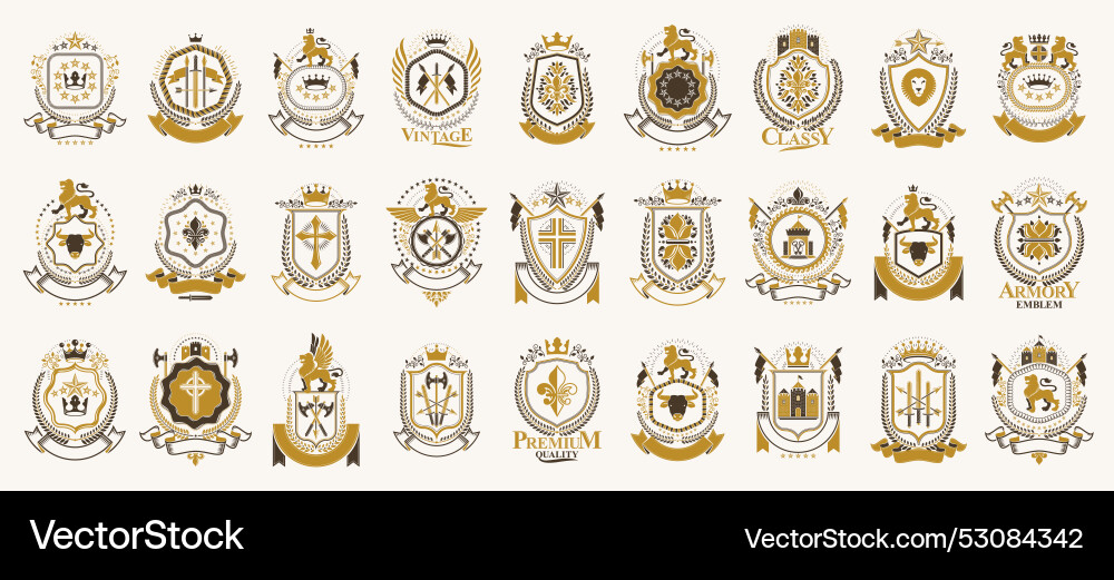 Vintage heraldic emblems big set antique heraldry Vector Image