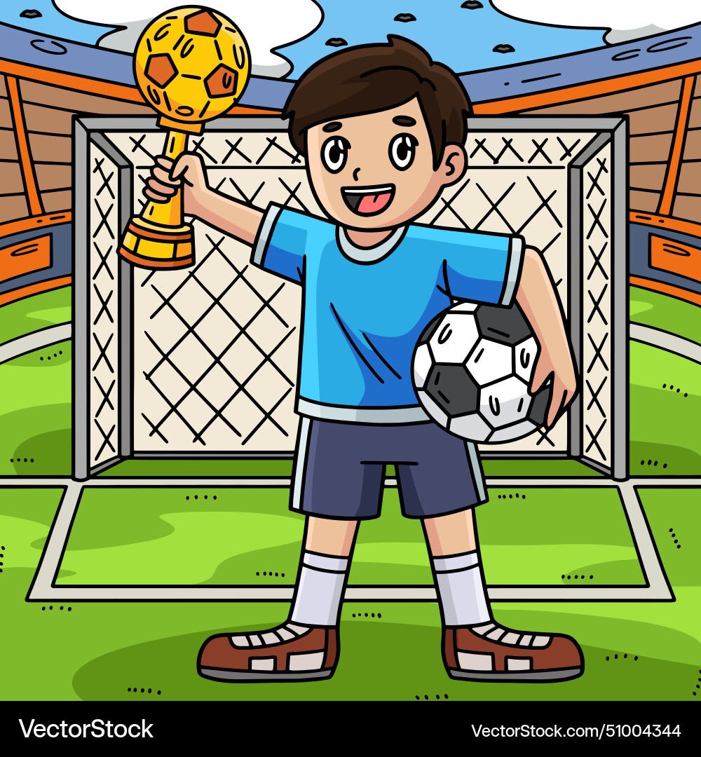 Boy with soccer trophy colored cartoon Royalty Free Vector
