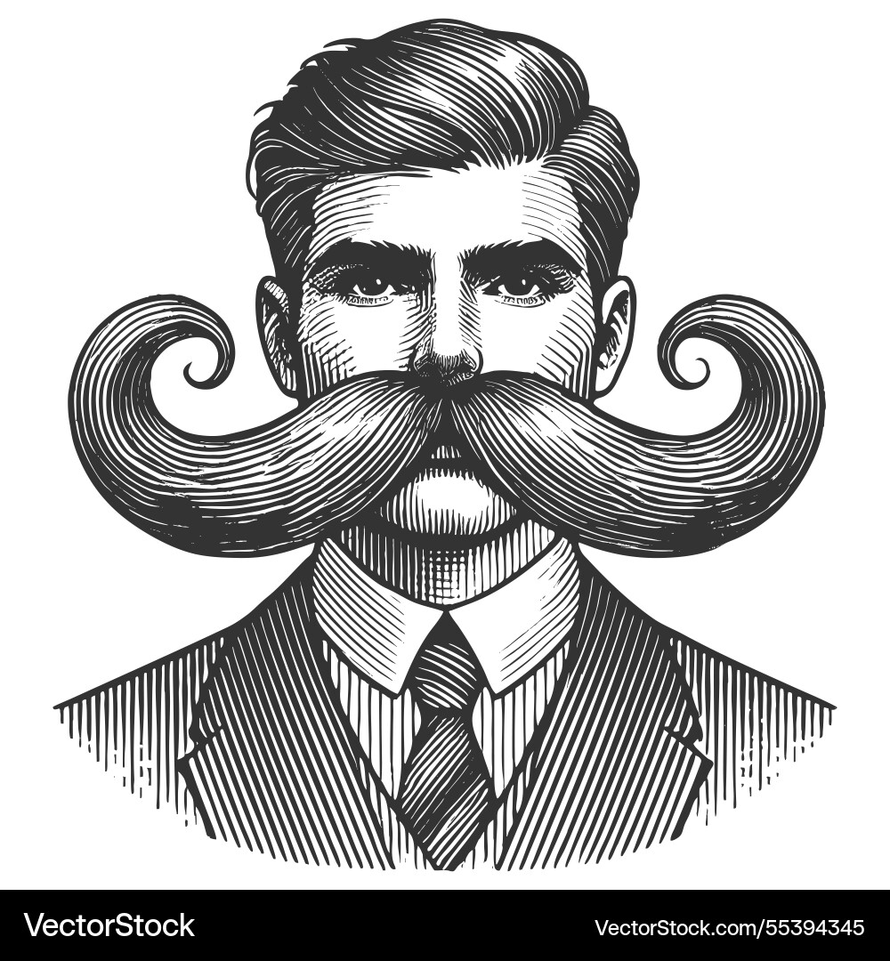 Man with enormous curled mustache engraving Vector Image