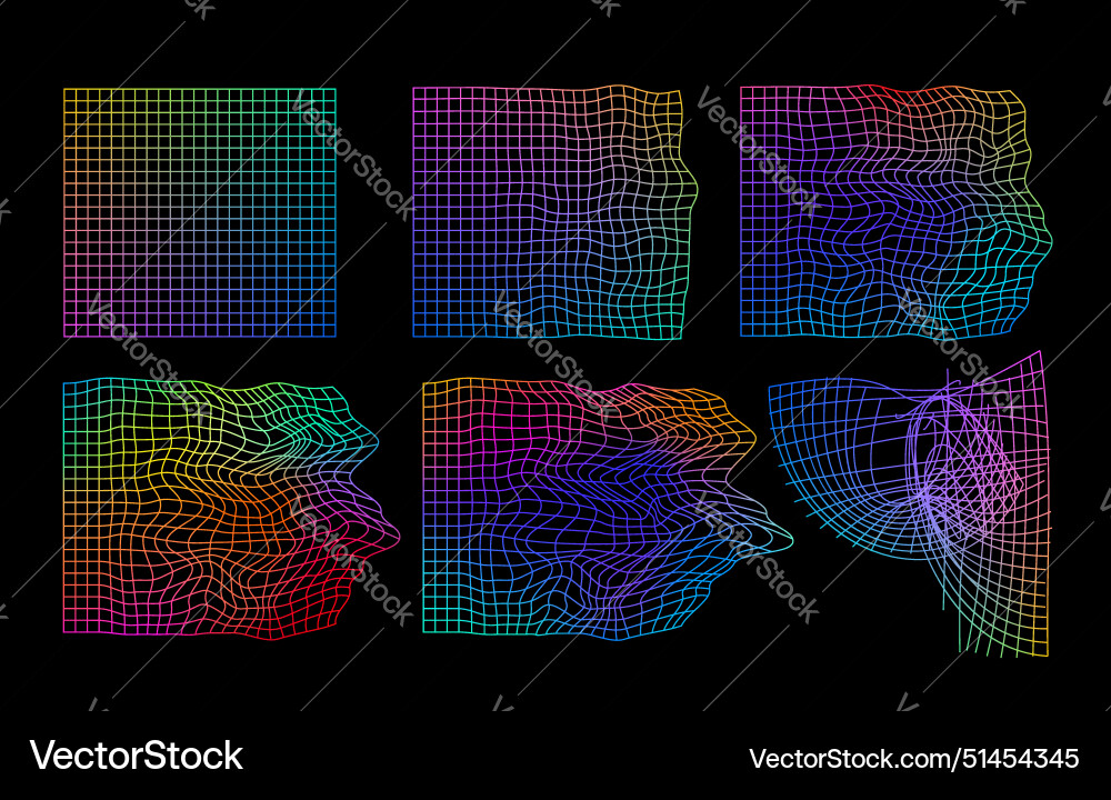 Set of distorted grid backgrounds in vaporwave Vector Image