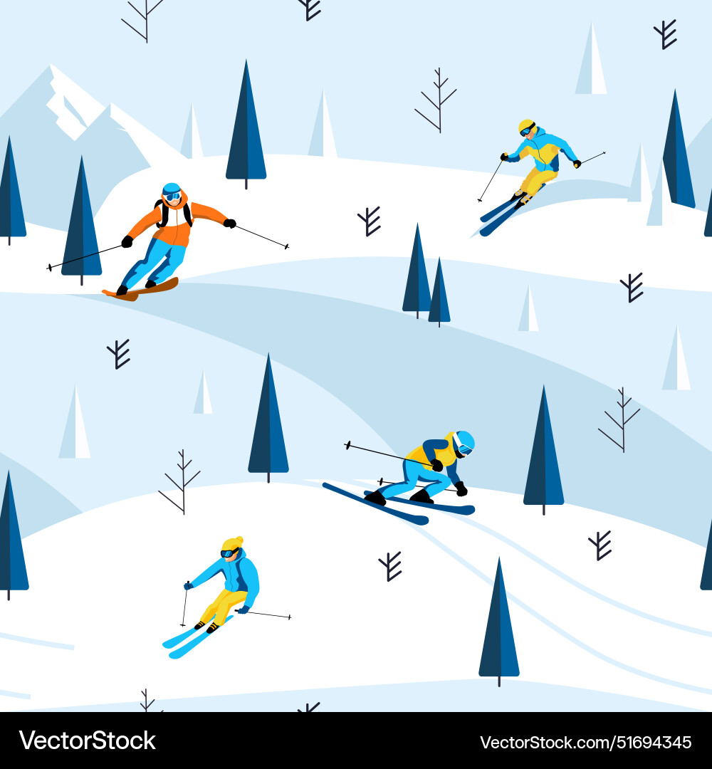 Skiers descending a snowy mountain with trees Vector Image