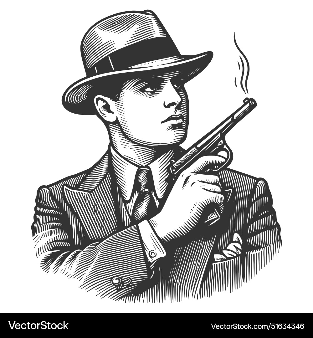1930s Gangster with Smoking Gun Royalty Free Vector Image
