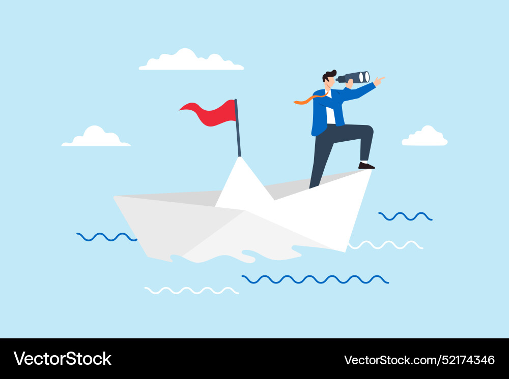 Businessman using binoculars to see sailing ship Vector Image