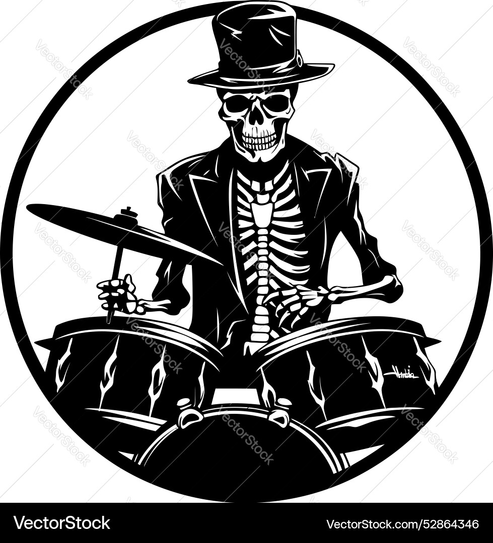Marrow melodies skeleton drummer emblem groovy Vector Image