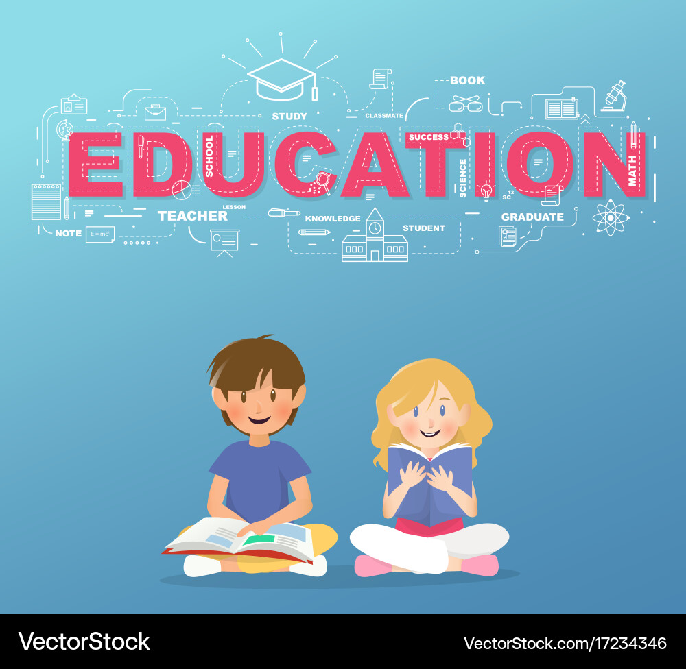 Two students read a book under education text Vector Image