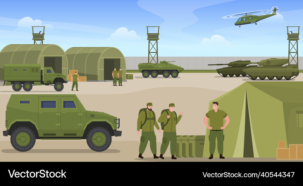 Military base war transportation and soldiers Vector Image