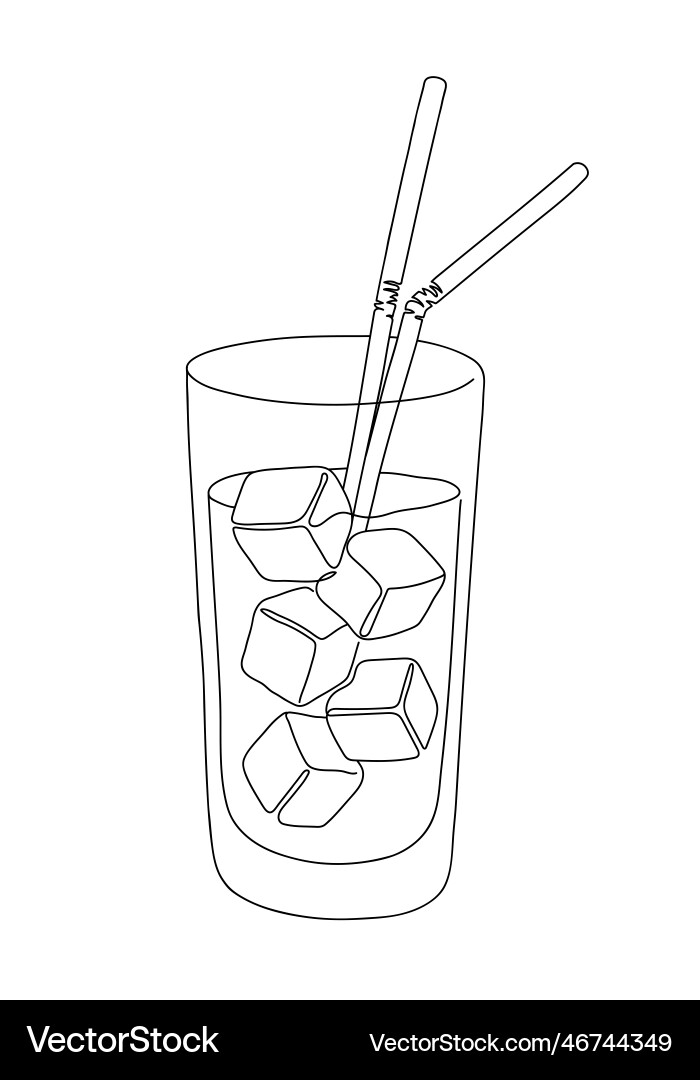 Drink glass with ice cubes and straw line Vector Image