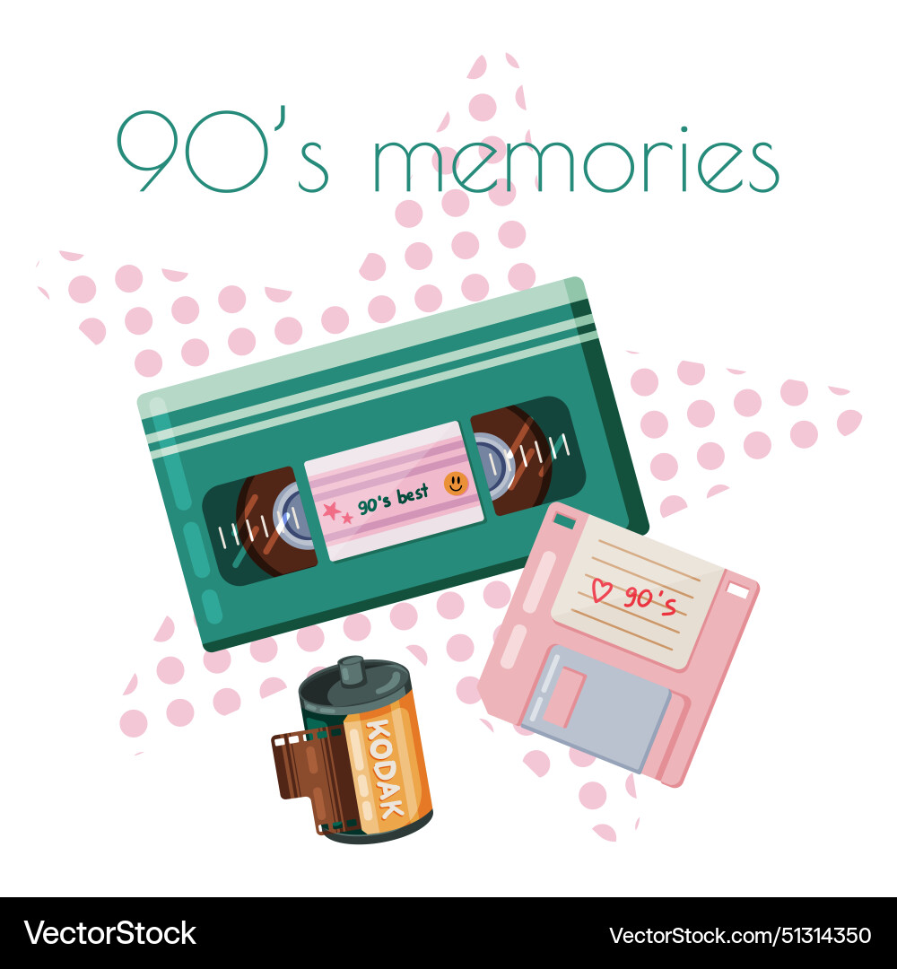 90s retro elements storage media floppy disk vhs Vector Image