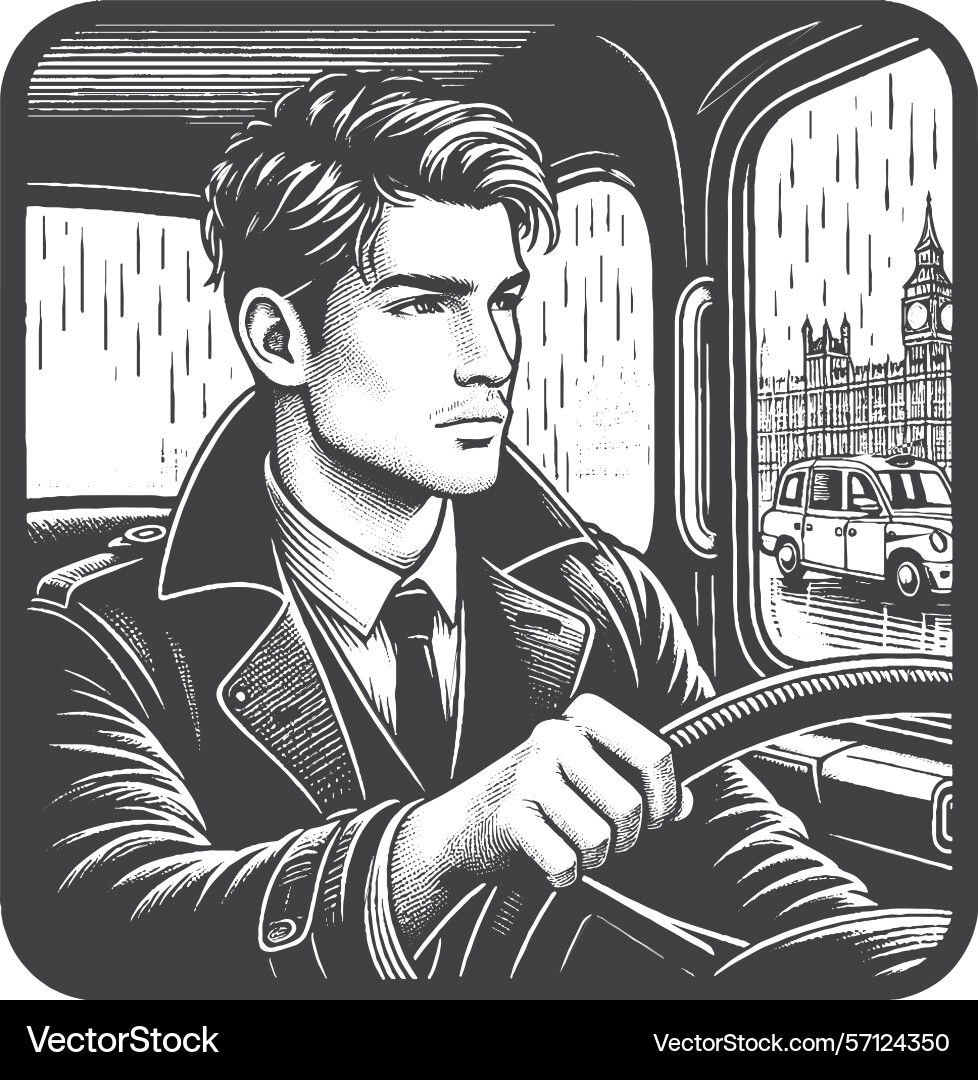 Vintage hand-drawn man driving car Royalty Free Vector Image