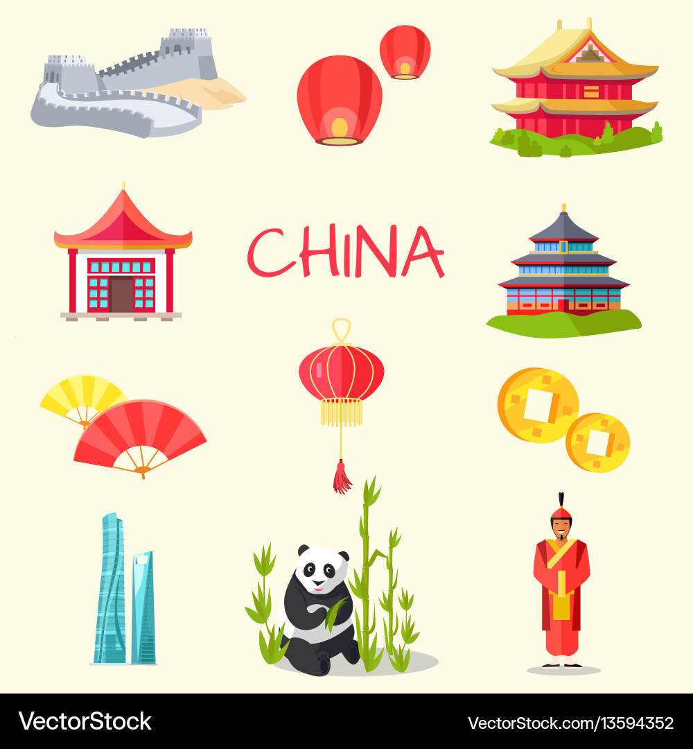 China inscription and traditional things set Vector Image