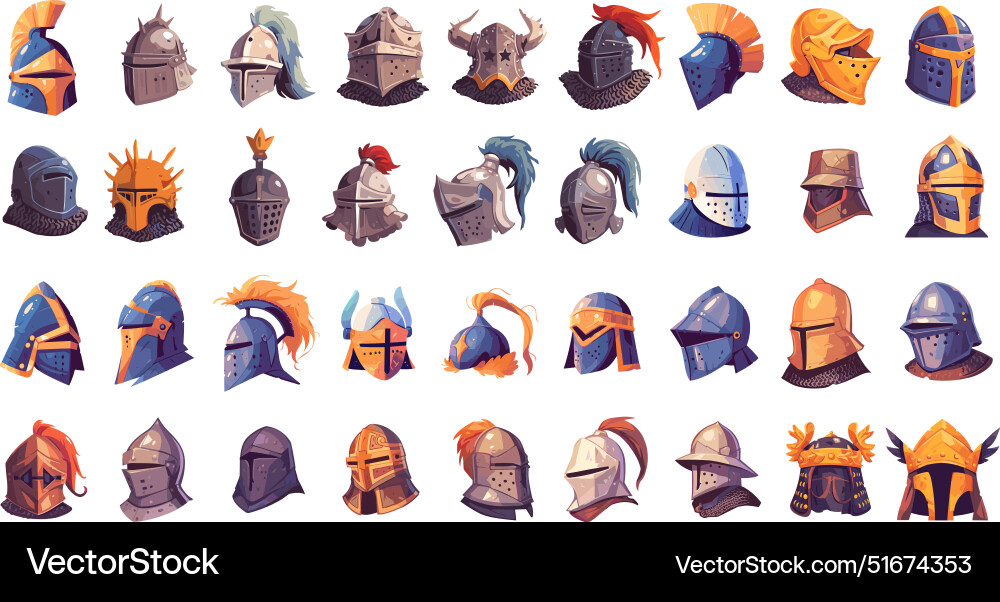 Cartoon knight helmets set medieval warriors Vector Image