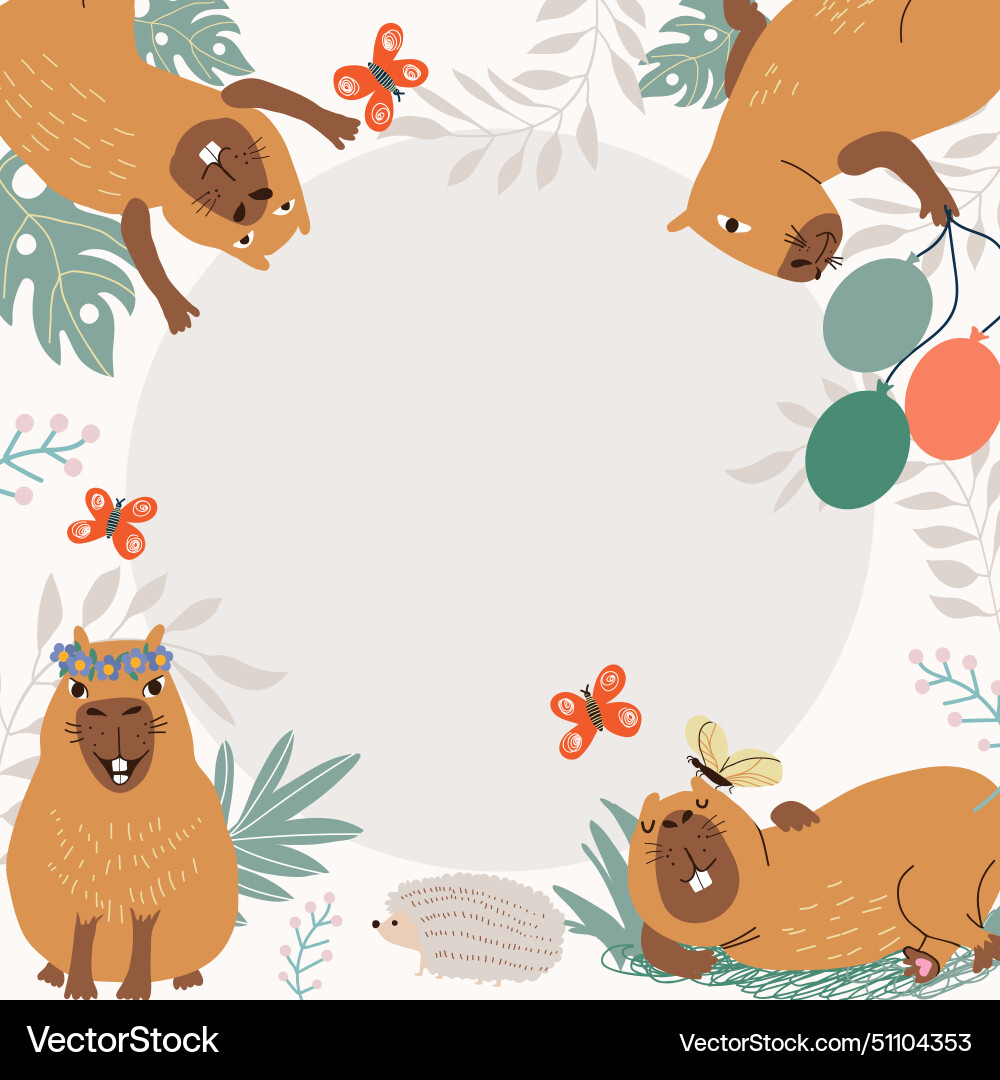 Cheerful copybara in corners of stylish frame Vector Image
