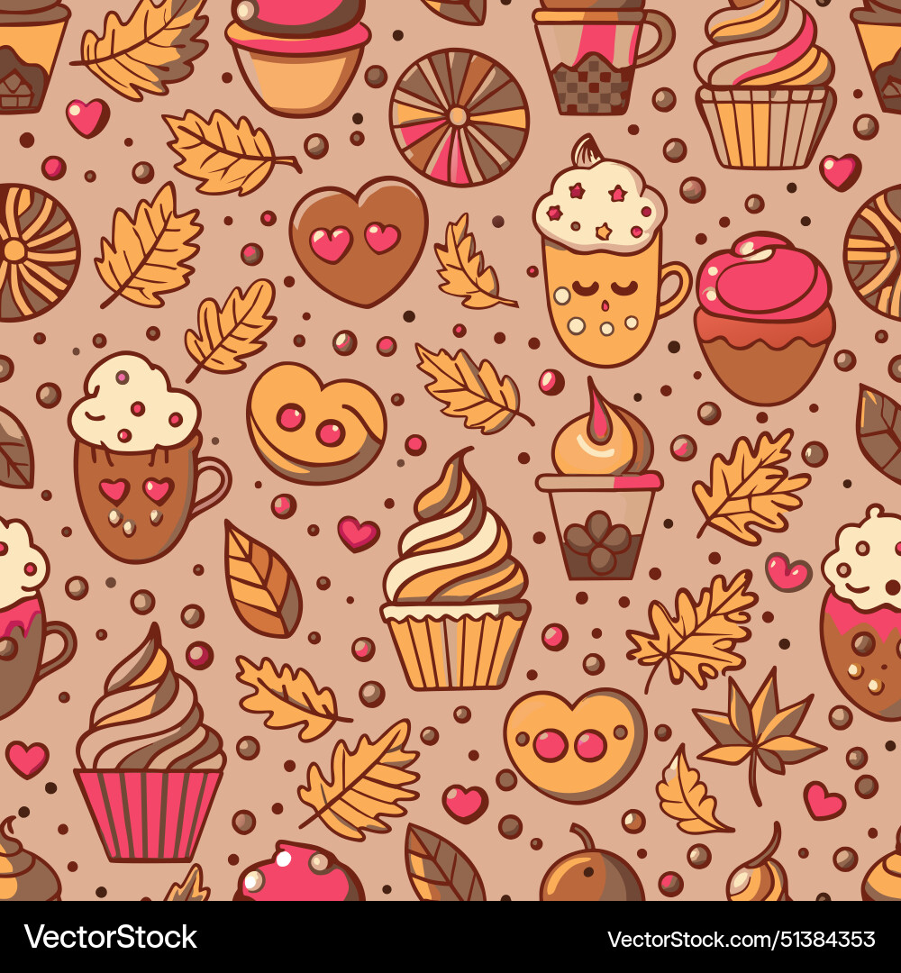 Coffee pattern and cakes cups Royalty Free Vector Image