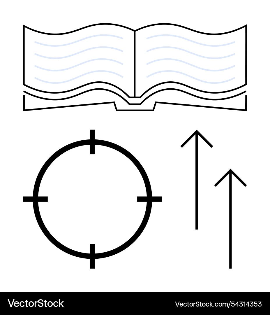 Open book target and upward arrows symbolizing Vector Image