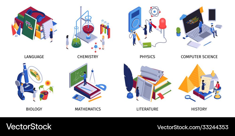 School subjects isometric set Royalty Free Vector Image