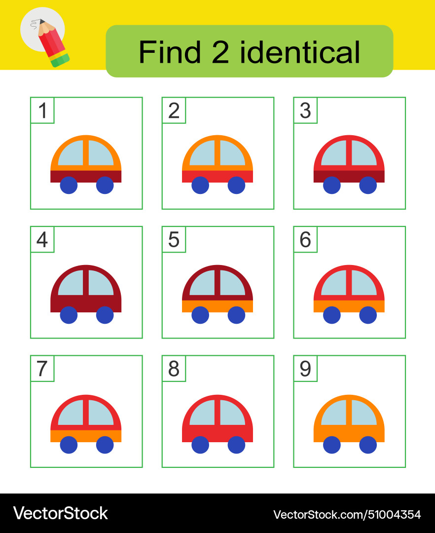 Fun puzzle game find two identical cars Royalty Free Vector