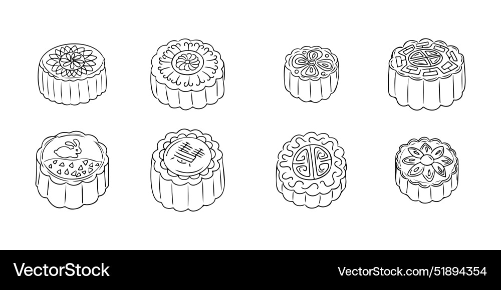 Mooncakes contour doodle set Royalty Free Vector Image