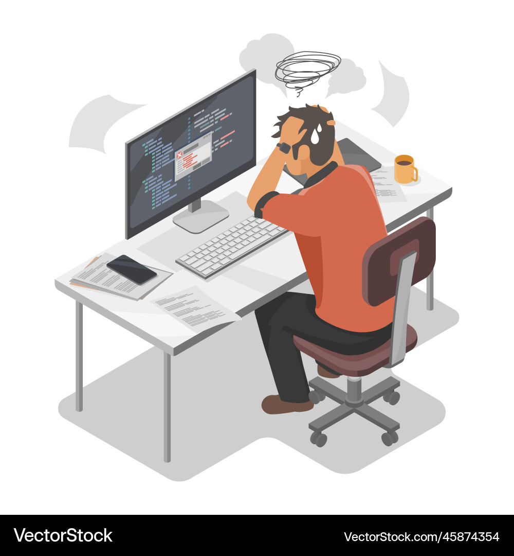 Stress at work software engineer hard working Vector Image