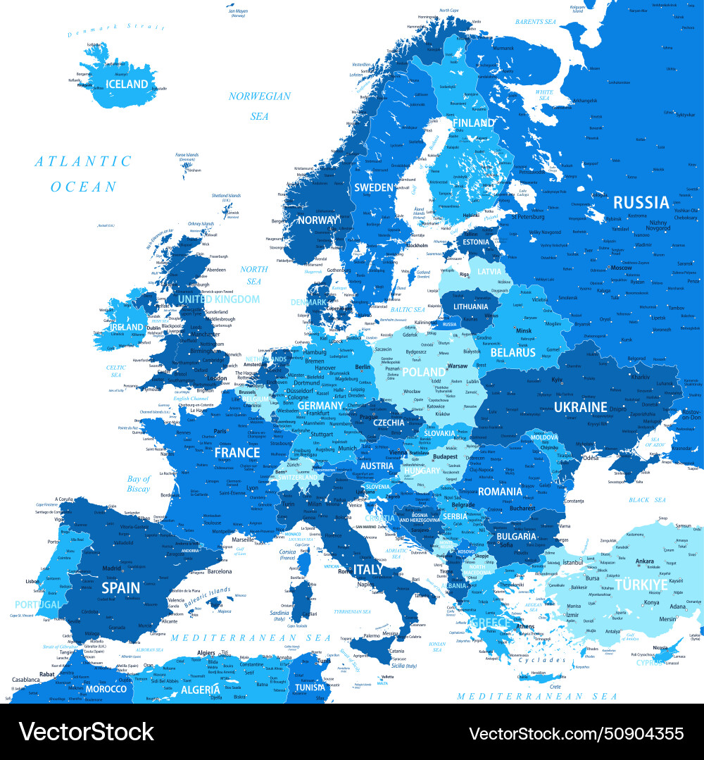 Europe - highly detailed blue colored map Vector Image