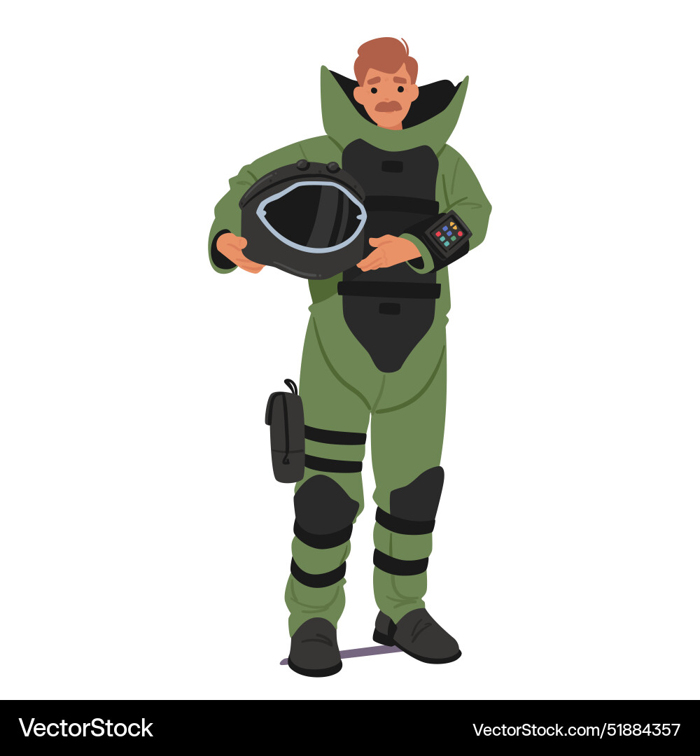Bomb disposal expert wearing green protective suit