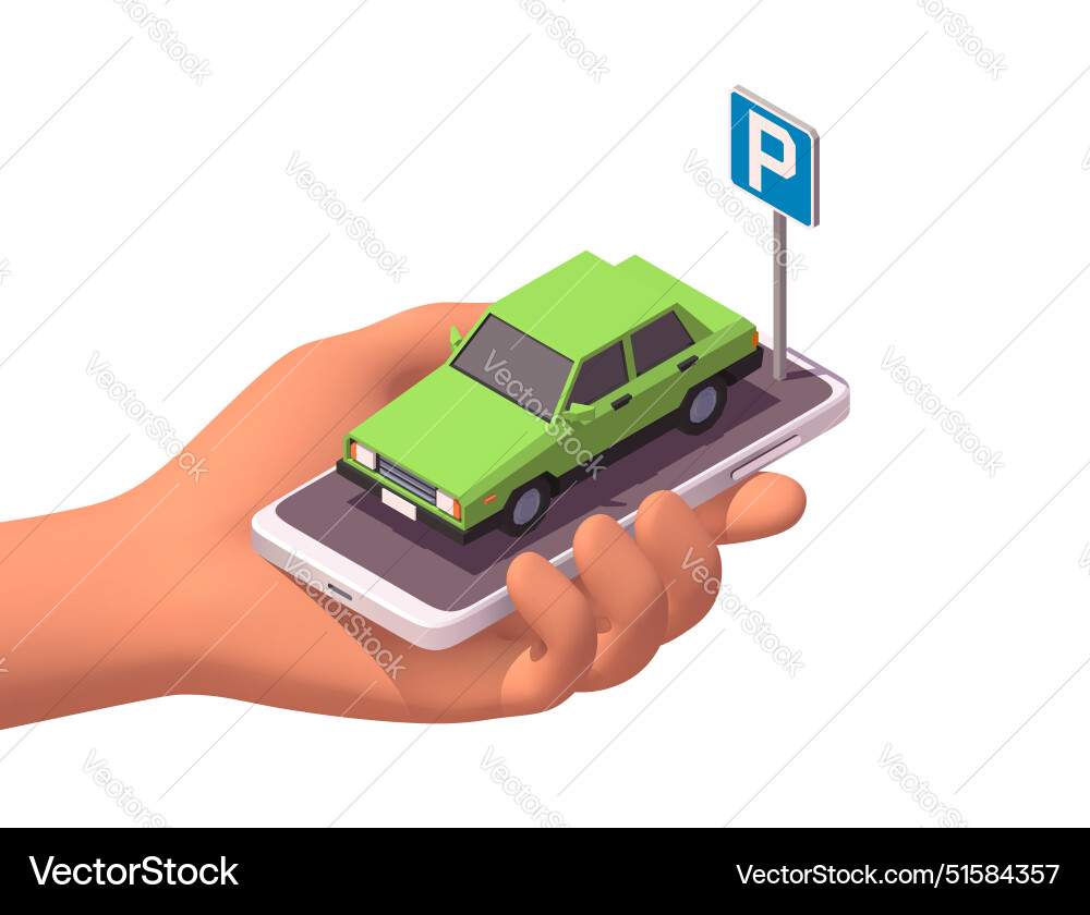 Hand holding smartphone with green car Royalty Free Vector