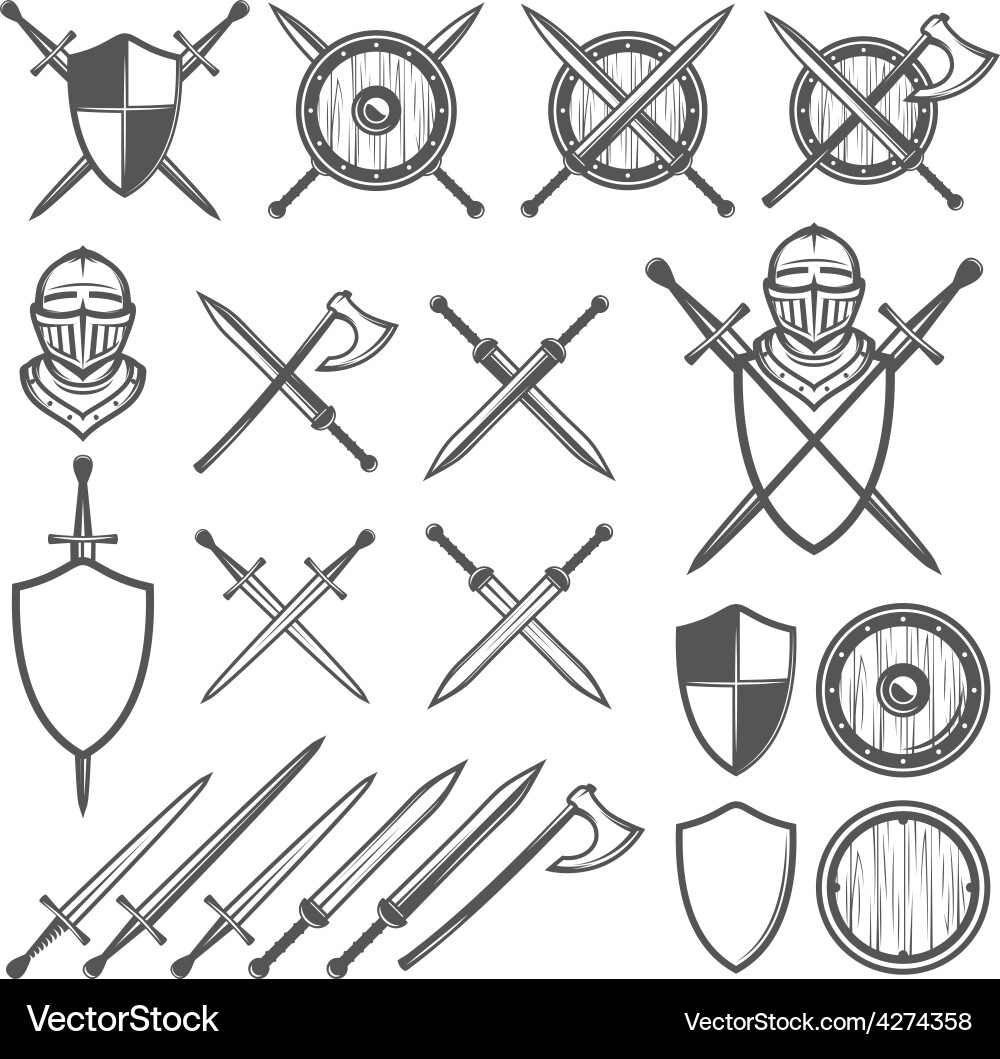 Set of medieval swords shields design element Vector Image