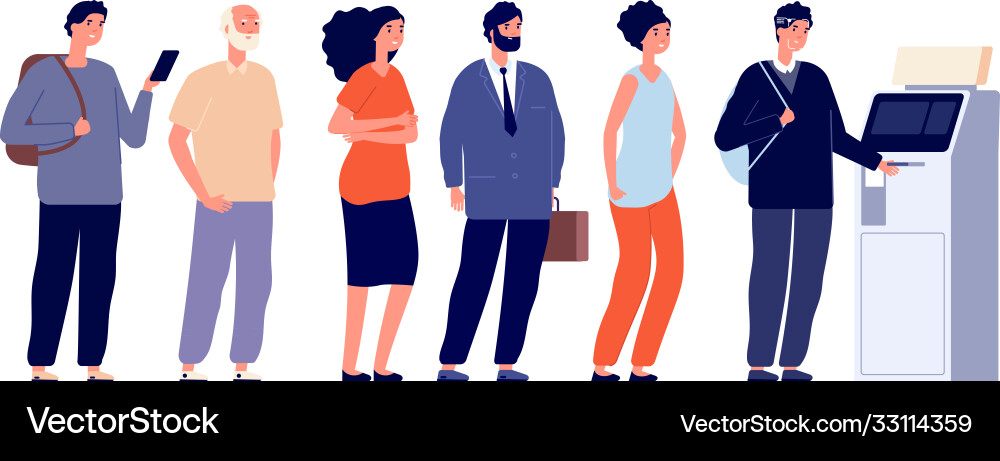 Atm queue people waiting line bank machine face Vector Image