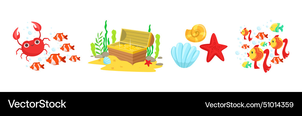 Fish crab shell and treasure chest as sea bottom Vector Image