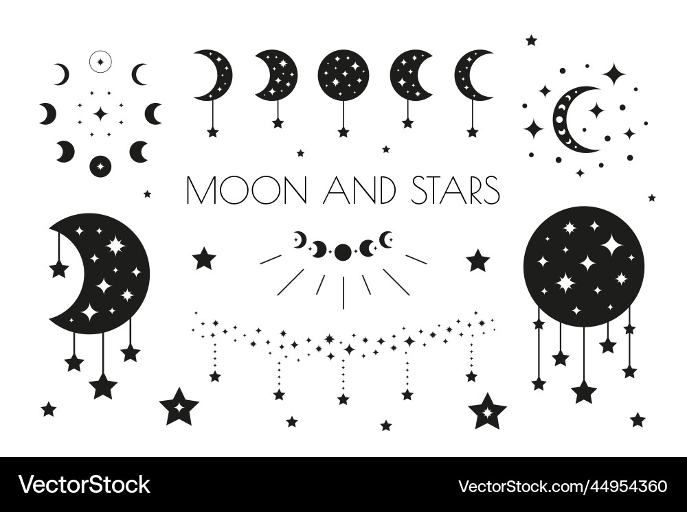 Boho moon phases crescents and stars Royalty Free Vector