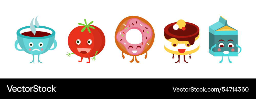 Cute food product with smiling face set Royalty Free Vector