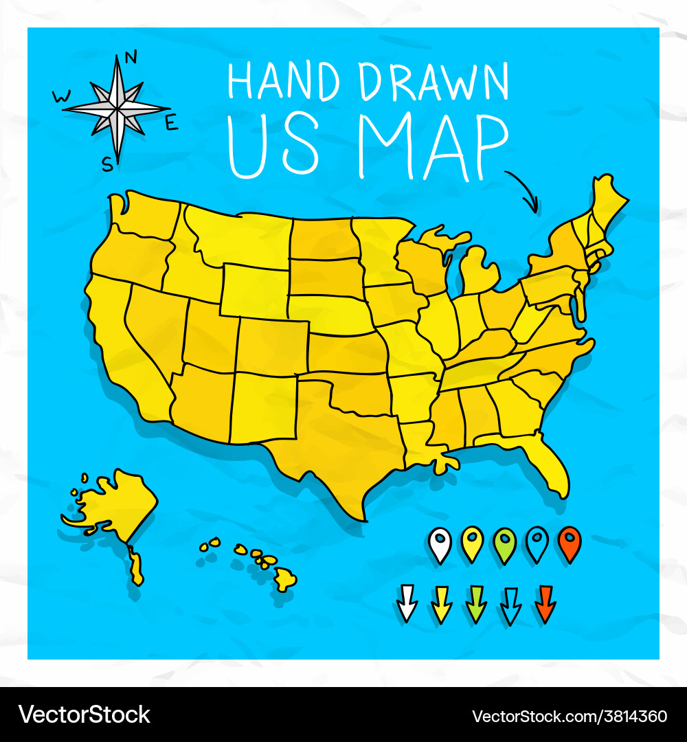 Hand drawn us map whit pins Royalty Free Vector Image