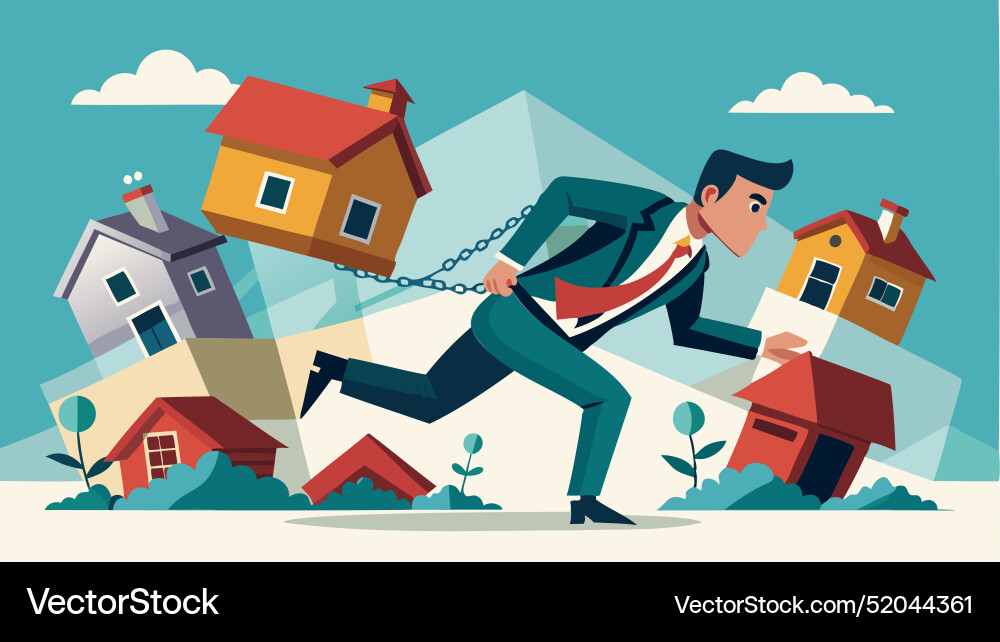 Businessman running from housing collapse Vector Image