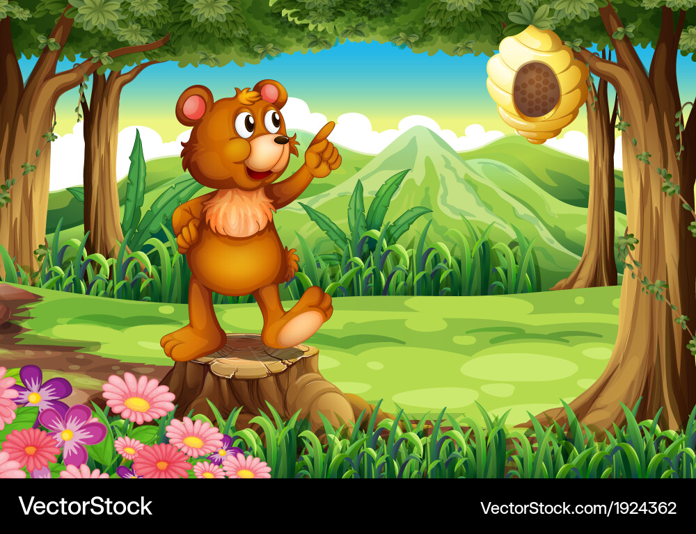 A bear at the forest standing above stump near Vector Image