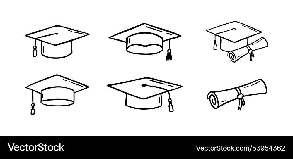 Graduation hat set hand drawn doodle Royalty Free Vector