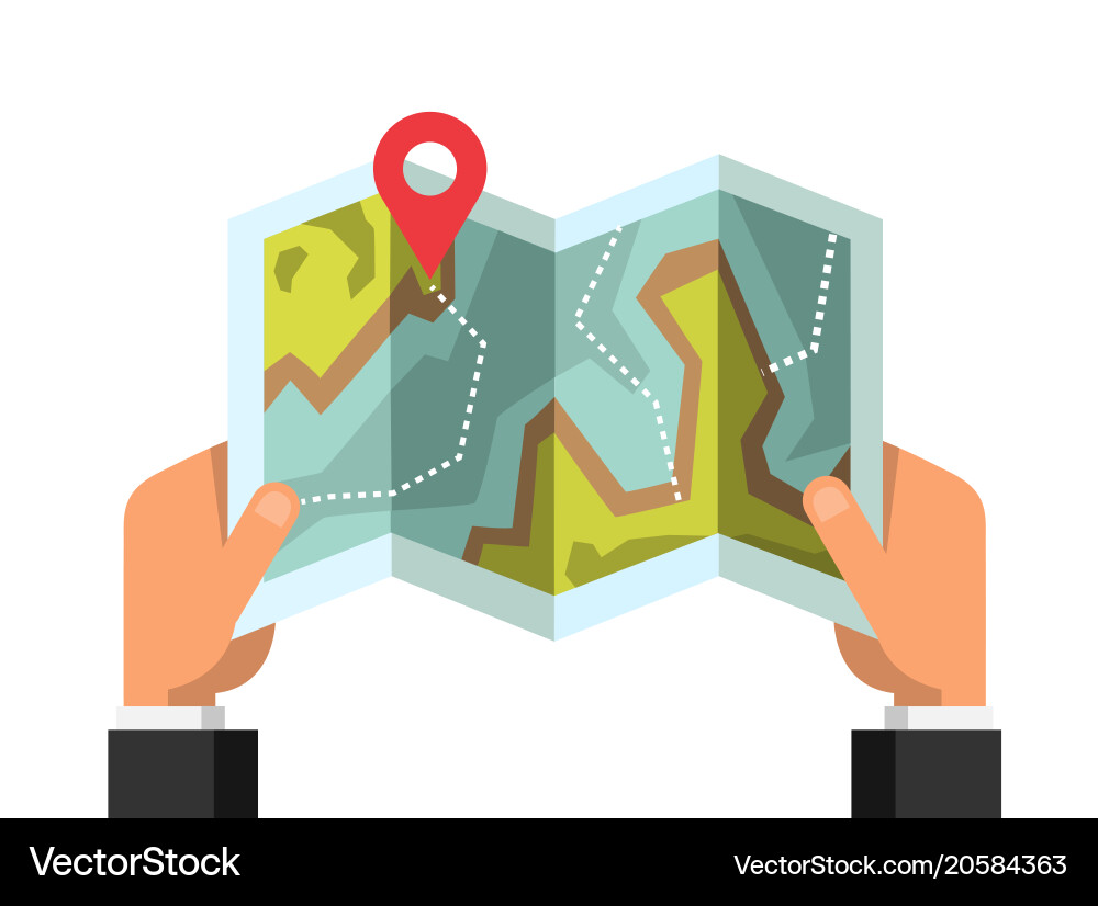 Man on a hiking trip holding map in his hands Vector Image