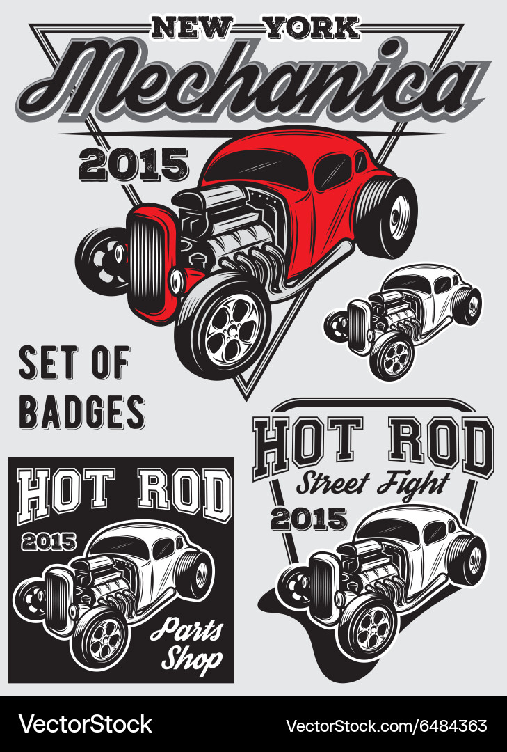 Set of badges with hot rod Royalty Free Vector Image