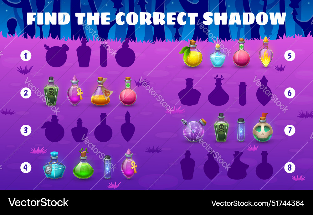 Halloween kids game find a potion bottles shadow Vector Image