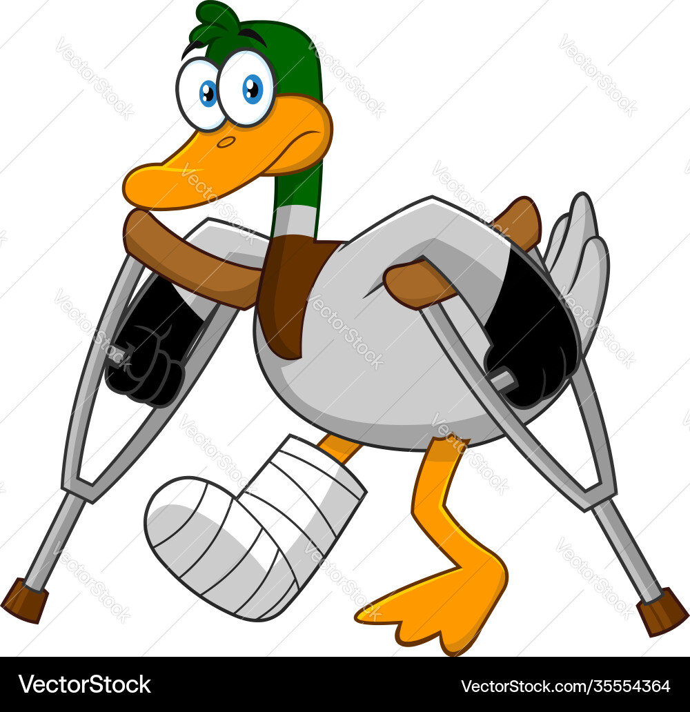 Sad Duck Cartoon with Crutches Royalty Free Vector Image