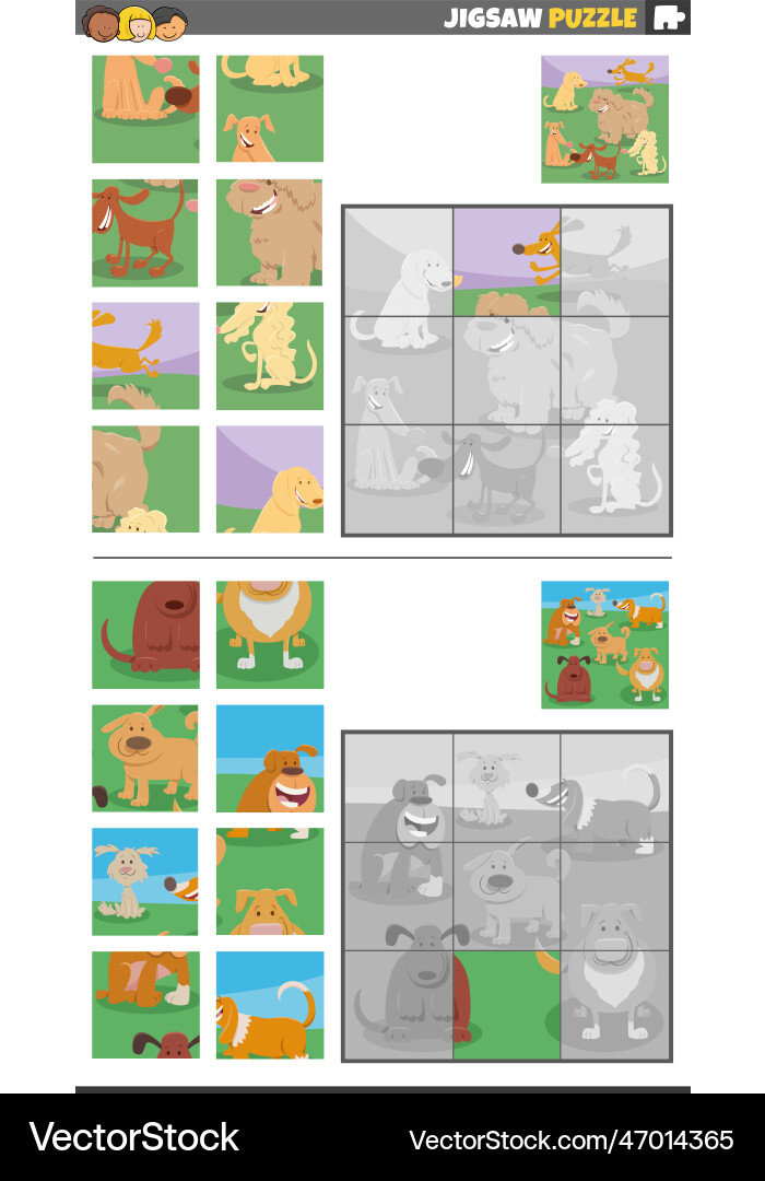Jigsaw puzzle game set with cartoon dogs Vector Image