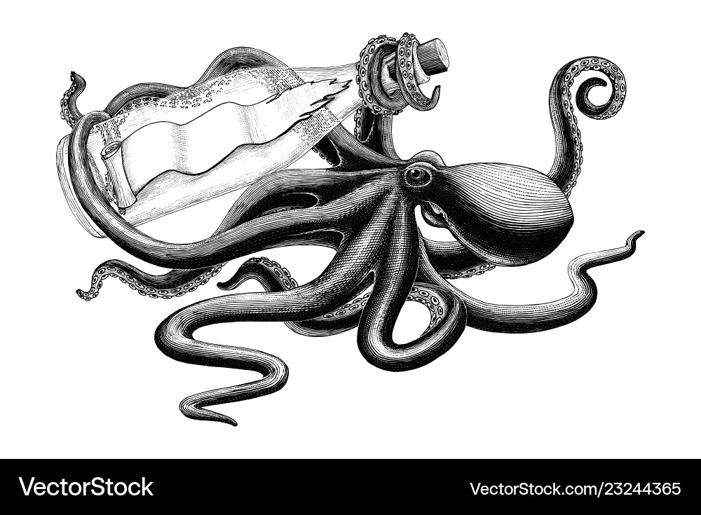 Octopus holding bottle hand drawing vintage clip Vector Image