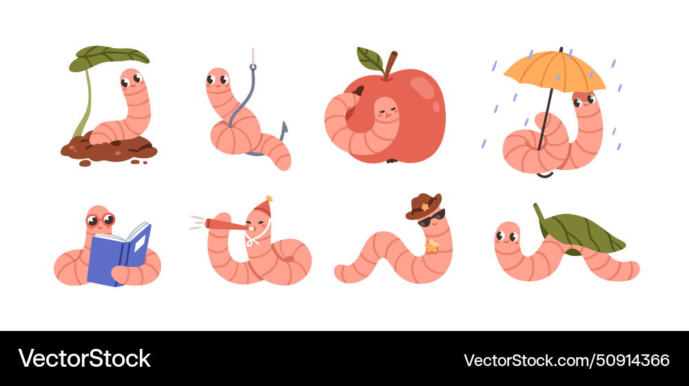 Cute worms set funny comic kawaii earthworms Vector Image