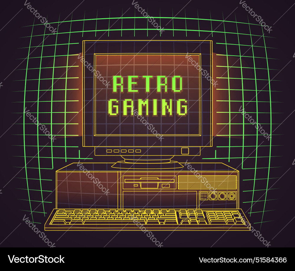 Retro pc in outline style over green laser grid Vector Image