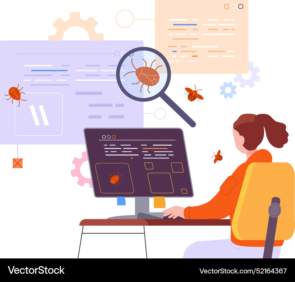 Bug Tester Woman Programmer Testing Software Vector Image
